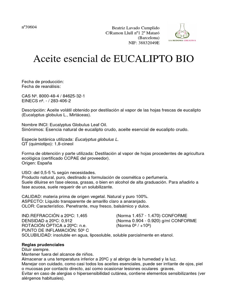Ficha Tecnica Ae Eucalipto Bio | PDF | Eucalipto | Destilación