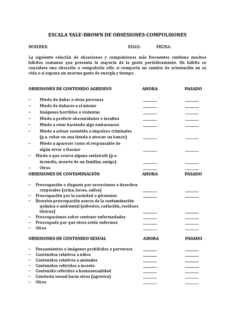 Escala Yale-Brown de Obsesiones-Compulsiones | Descargar gratis PDF | Bienestar | Medicina