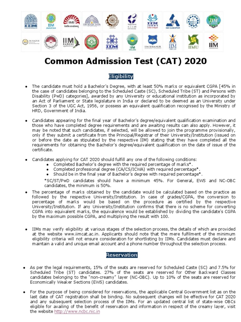 Common Admission Test (CAT) 2020: Eligibility | PDF | Academic Degree ...