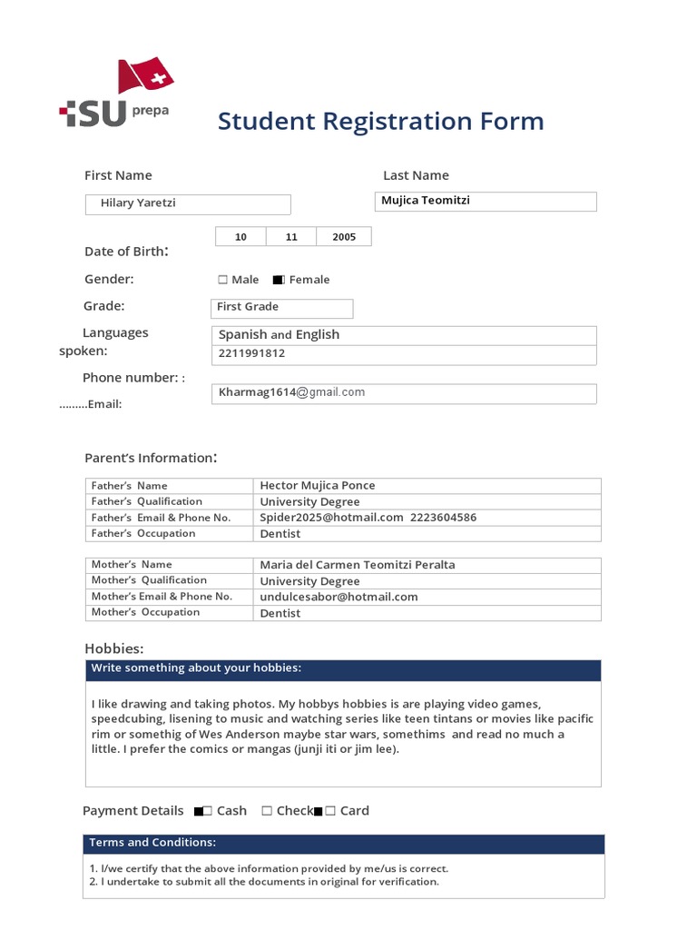 Student Registration Form Details | PDF