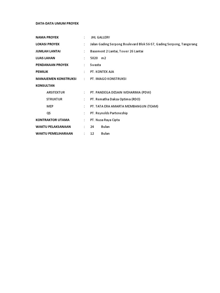 Data Umum Proyek JHL PDF | PDF