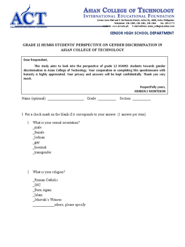 Grade 12 Humss Students' Perspective On Gender Discrimination in Asian ...