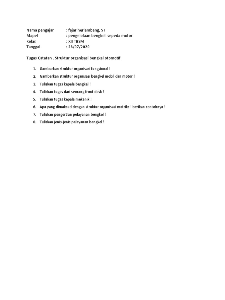 Mata Pelajaran 2 Pengelolaan Bengkel Sepeda Motor 12 TBSM | PDF