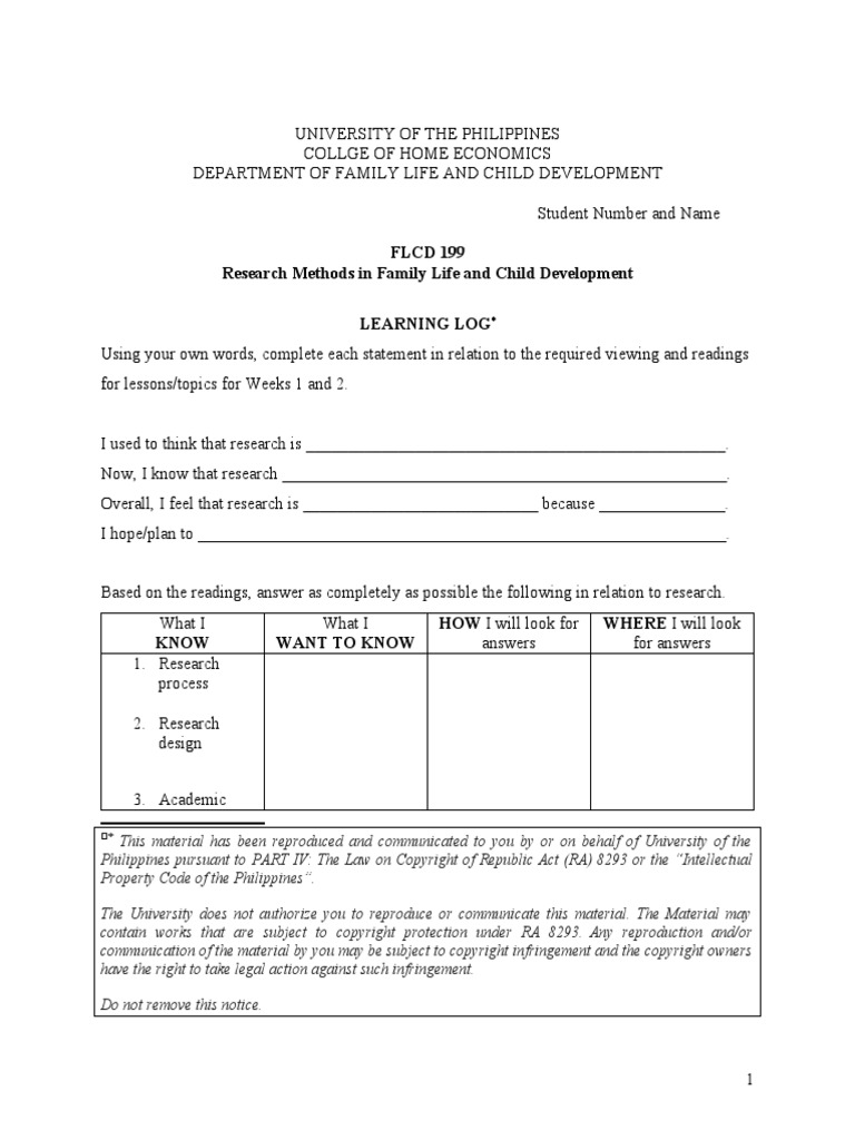 FLCD 199 Research Methods in Family Life and Child Development Learning ...