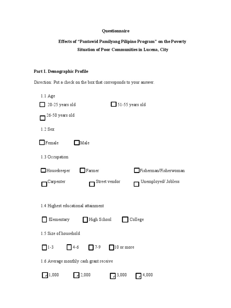 Questionnaire Effects of "Pantawid Pamilyang Pilipino Program" On The ...