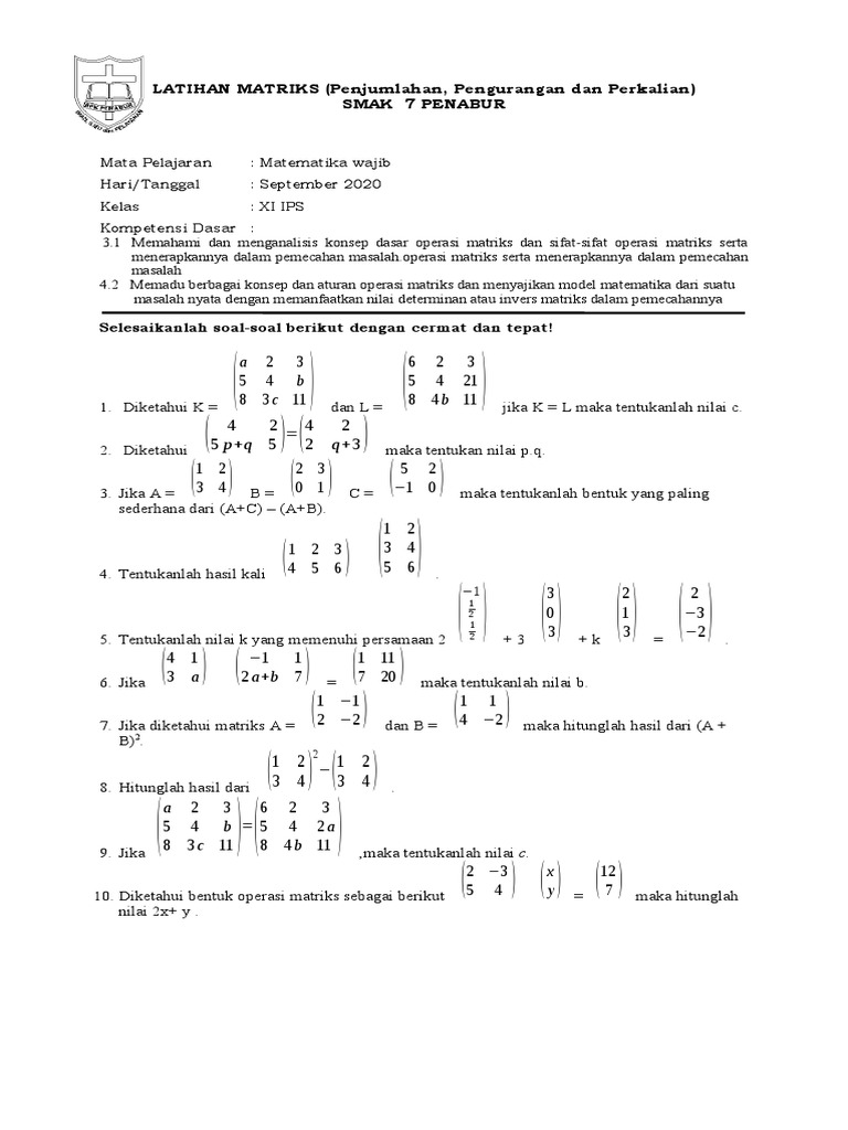 Soal Latihan Matriks Kelas 11 | PDF