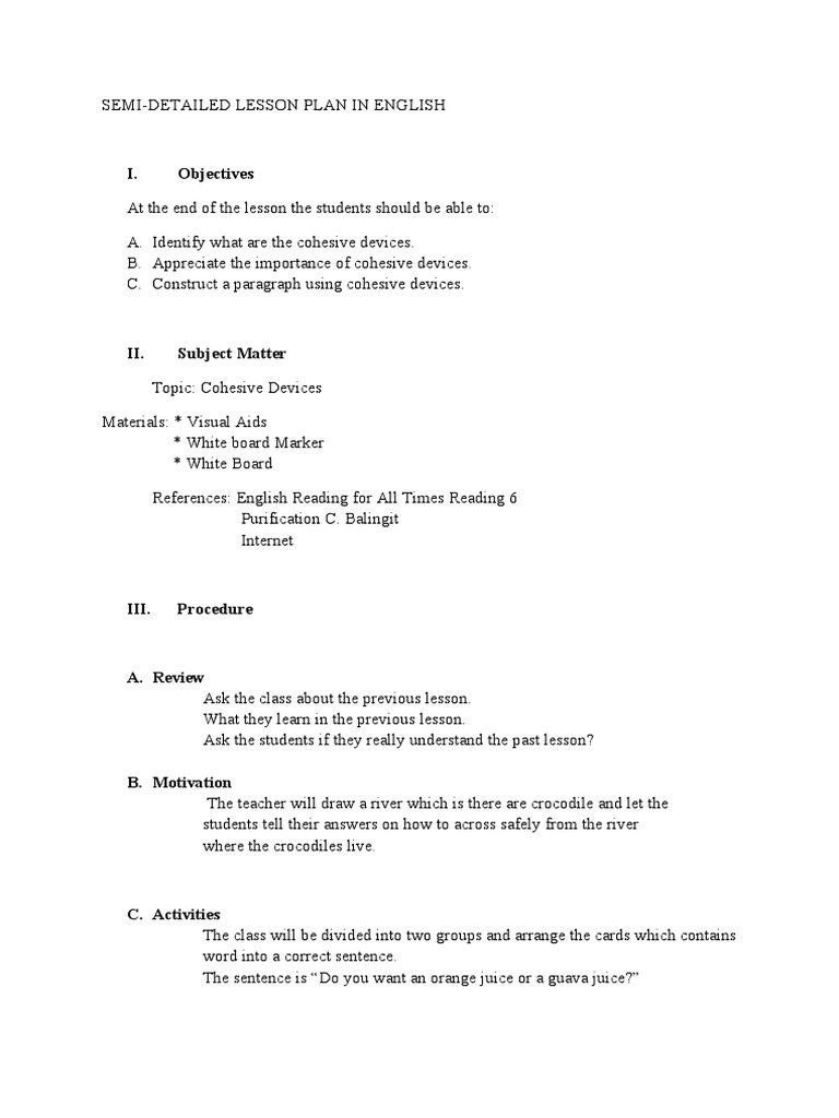 Semi-Detailed Lesson Plan in English | PDF | Sentence (Linguistics ...