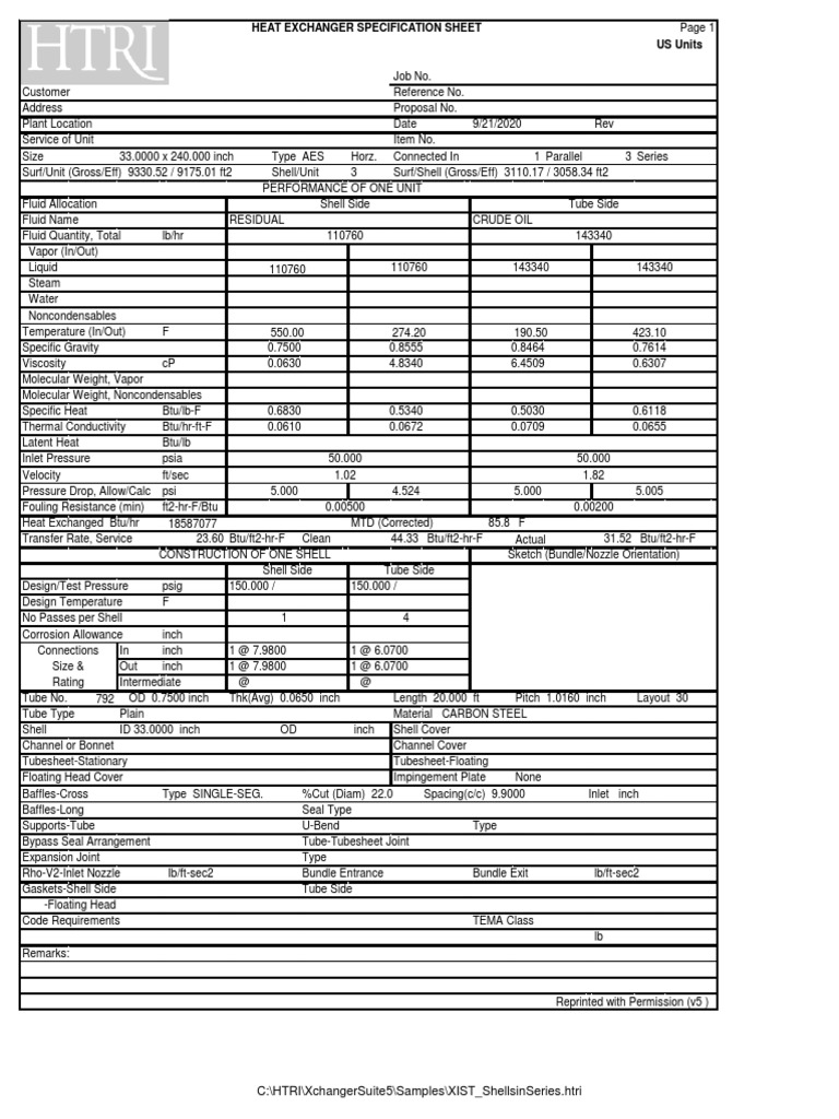 Heat Exchanger Specification Sheet Us Units: C:/Htri/Xchangersuite5/Samples/Xist ...