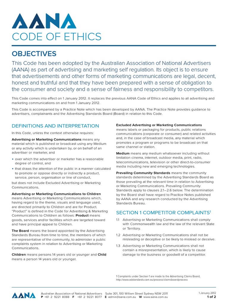 AANA Code of Ethics | PDF | Marketing Communications | Advertising