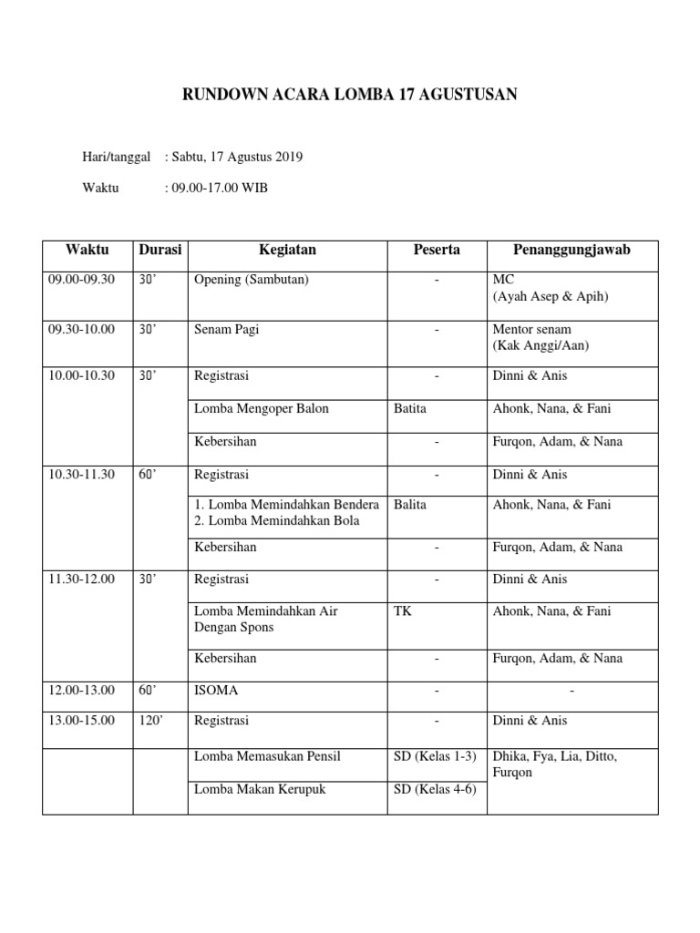 Rundown Lomba 17 Agustus 2019 | PDF