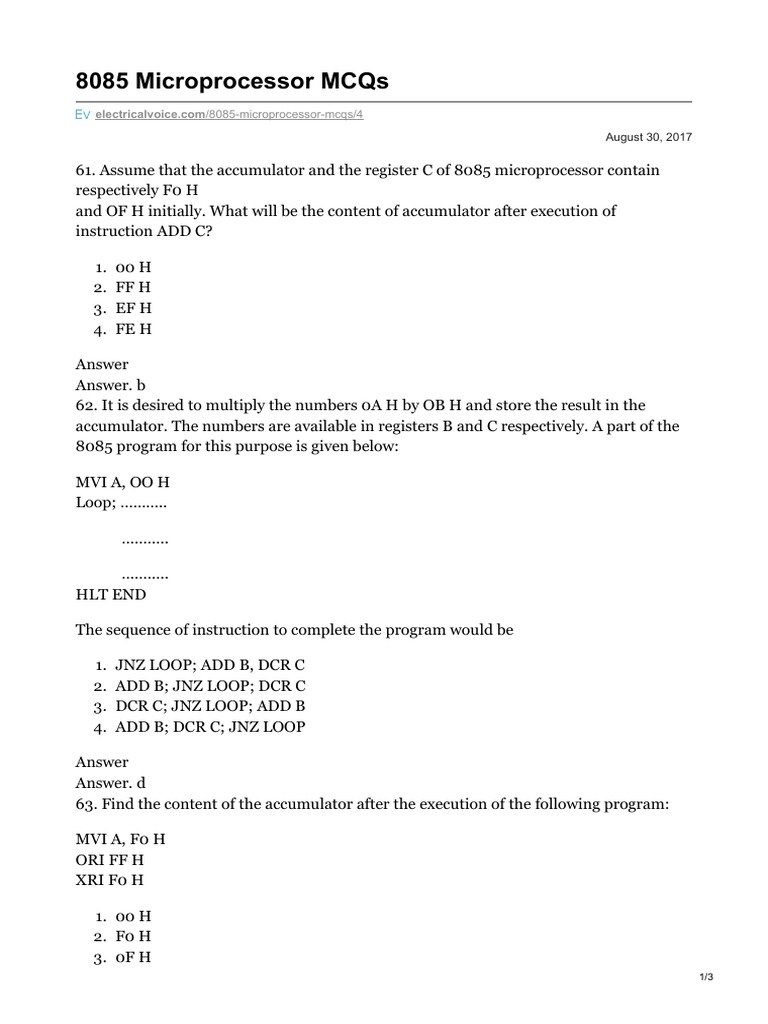 8085 Microprocessor MCQS: August 30, 2017 | Download Free PDF | Office Equipment | Computer Hardware