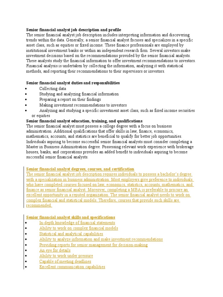 Senior Financial Analyst Job Description and Profile | PDF | Financial ...