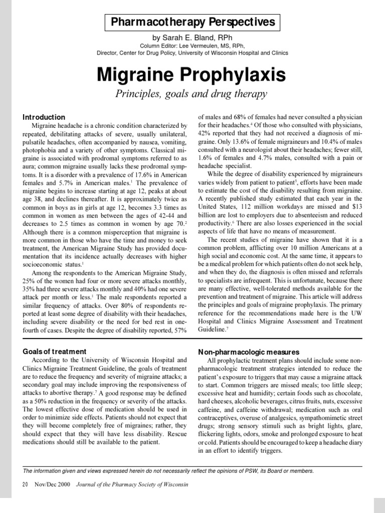 Migraine Prophylaxis: Principles, Goals and Drug Therapy | PDF ...