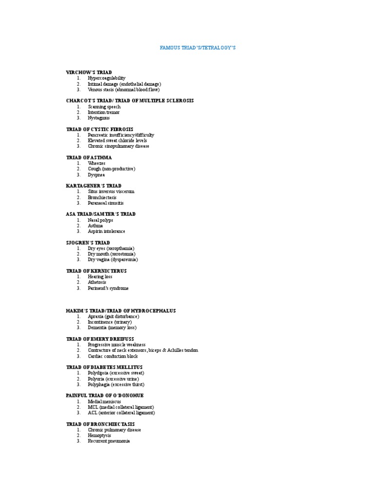 Famous Triad'S/Tetralogy'S | PDF | Nervous System | Diseases And Disorders