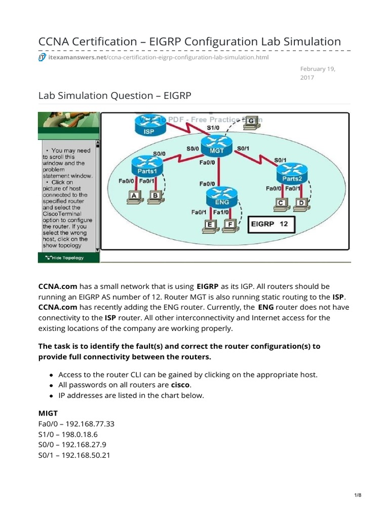 CCNA Certification EIGRP Configuration Lab Simulation | PDF | Router (Computing) | Ip Address