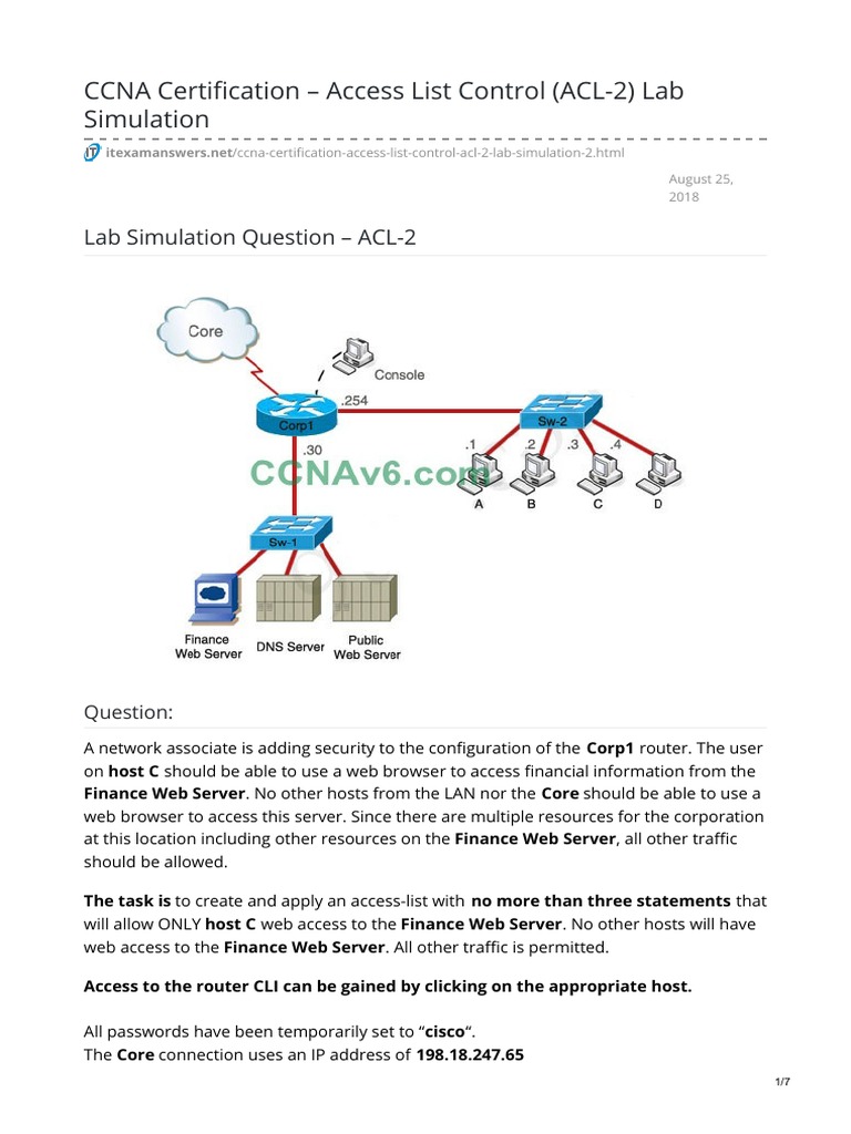 CCNA Certification Access List Control ACL-2 Lab Simulation | PDF ...