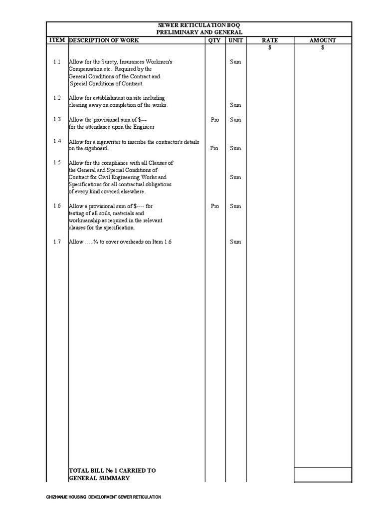 Sewer Reticulation Boq Preliminary and General Item Description of Work ...