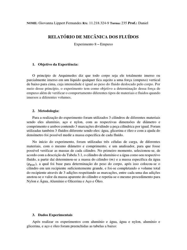 Relatório Experimento Empuxo - MecFlu PDF | Download grátis PDF | Flutuabilidade | Mecânica de ...