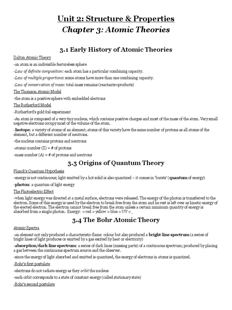 Chapter 3: Atomic Theories: Unit 2: Structure & Properties | PDF ...