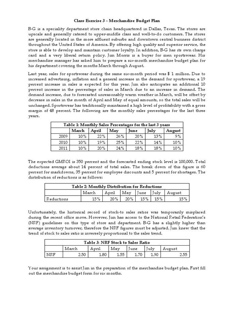 Merchandise Budget Plan - Class Excercise | PDF | Business Economics ...