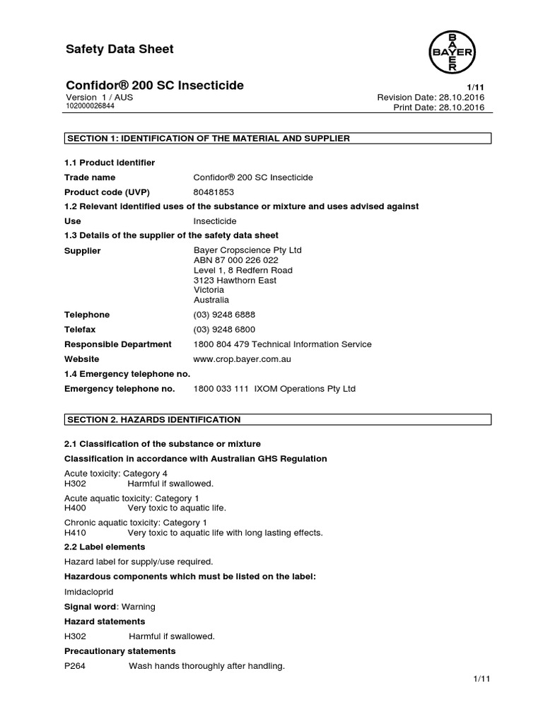 Confidor 200 SC Insecticide SDS | PDF | Toxicity | Dangerous Goods