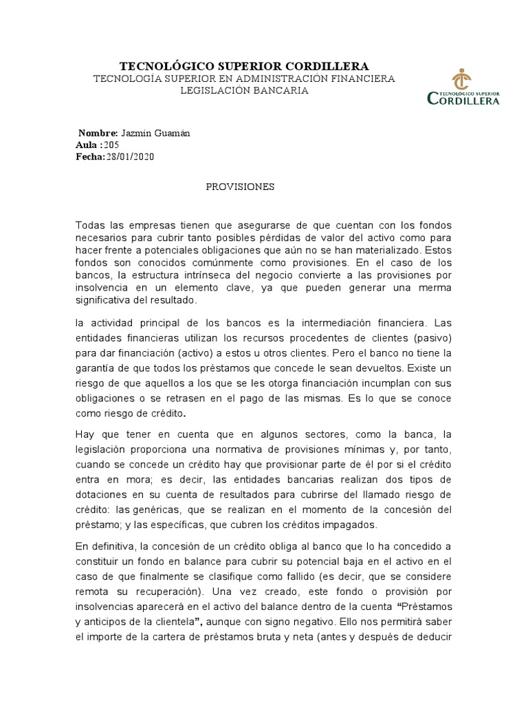 Que Es Provisiones | PDF | Corporaciones | Bancos