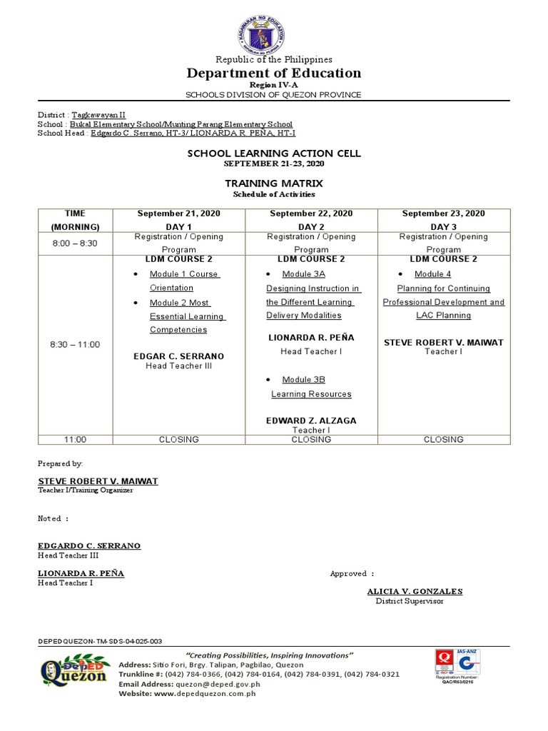 Department of Education: School Learning Action Cell Training Matrix ...