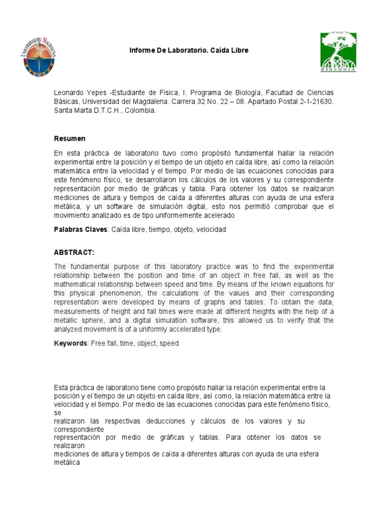 Informe de Laboratorio Caida Libre | PDF | Gravedad | Velocidad