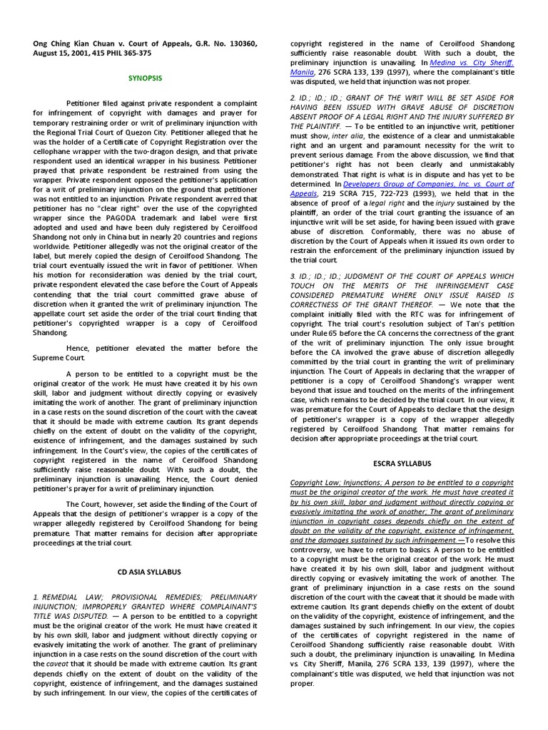 Ong Ching Kian Chuan v. Court of Appeals, G.R. No. 130360, August 15 ...