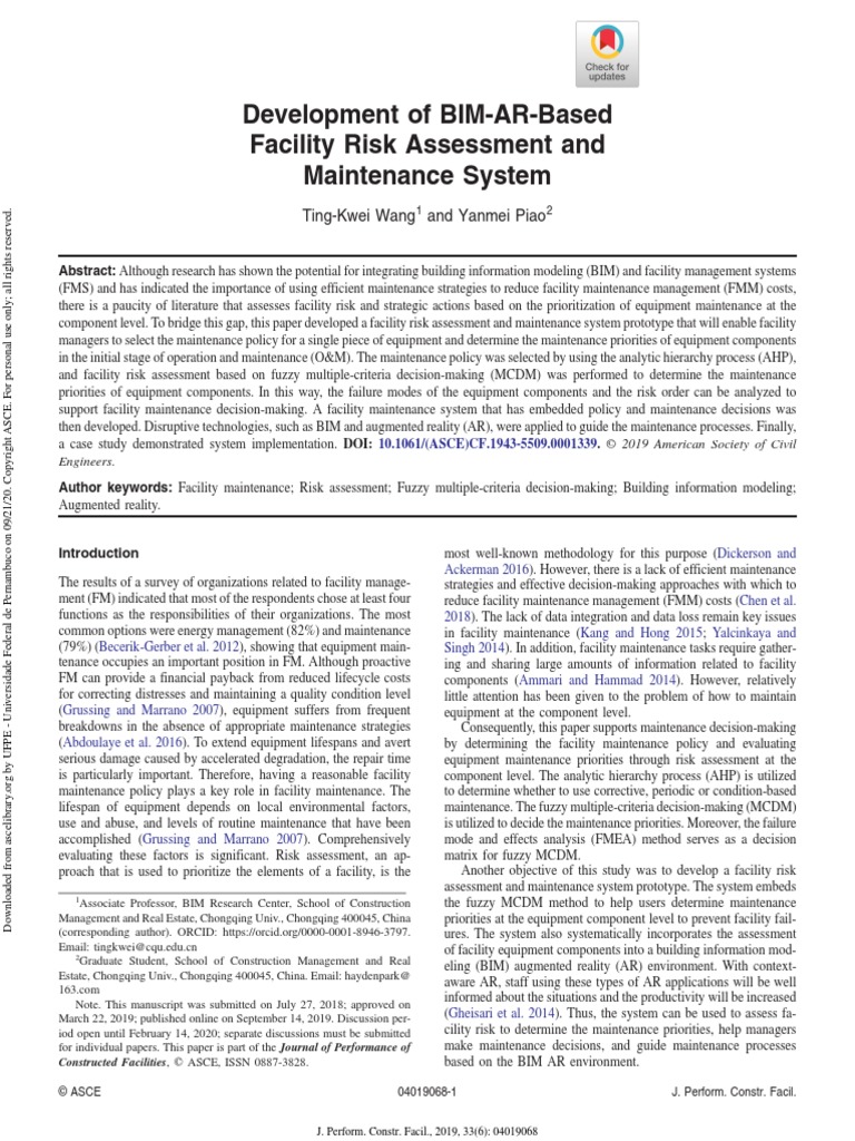 Development of BIM-AR-Based Facility Risk Assessment and Maintenance ...