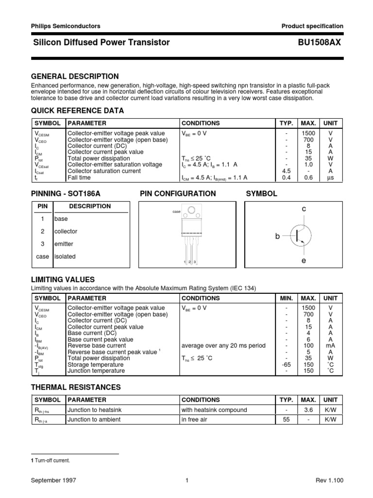 Silicon Diffused Power Transistor BU1508AX: General Description | PDF | Bipolar Junction ...
