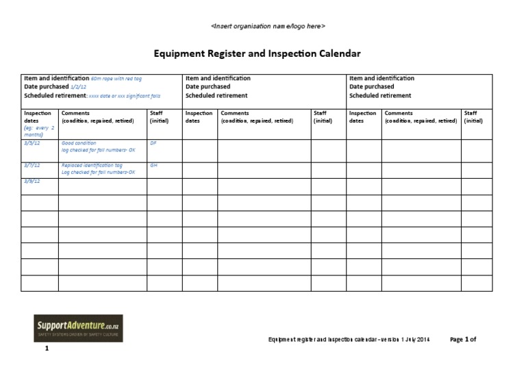 Equipment Register and Inspection Calendar | PDF