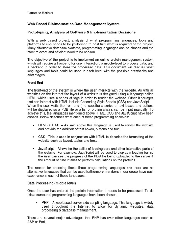 Web Based Bioinformatics Data Management System Prototyping, Analysis of Software ...