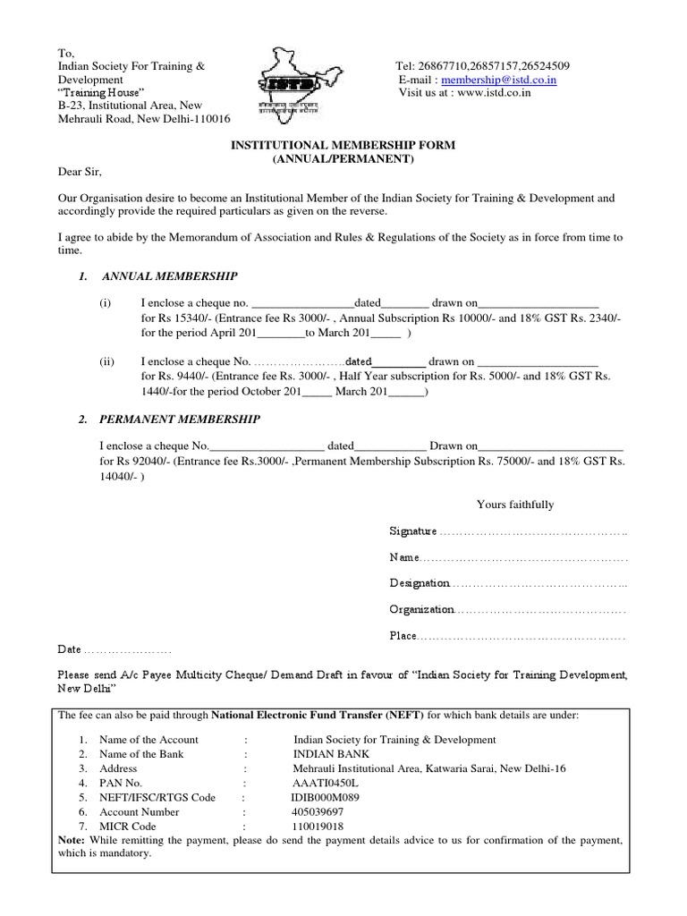 Institutional Membership Form (Annual/Permanent) | PDF | Payments ...