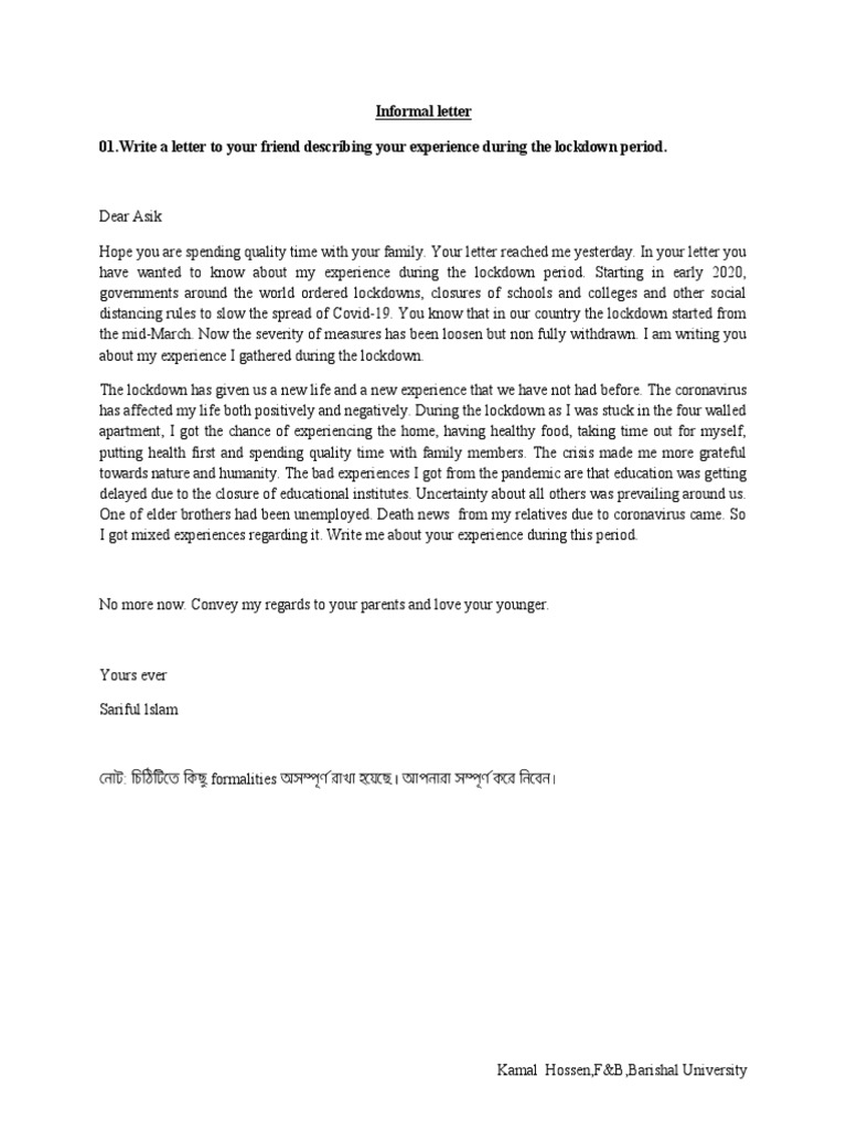 Informal Letter 01.write A Letter To Your Friend Describing Your ...