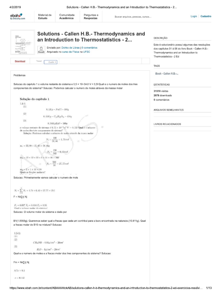 Thermodynamics and An Introduction To Thermostatistics Solution PDF | PDF