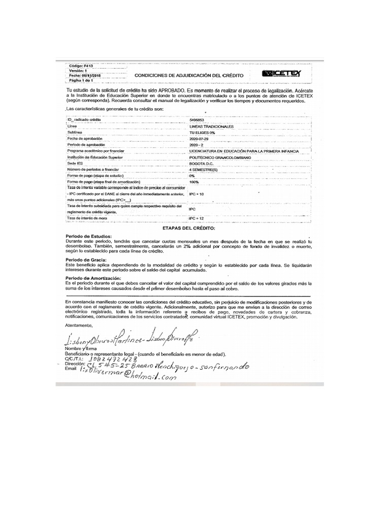 Condiciones de Adjudicación Del Crédito (Formato 413) Lisbeny PDF | PDF