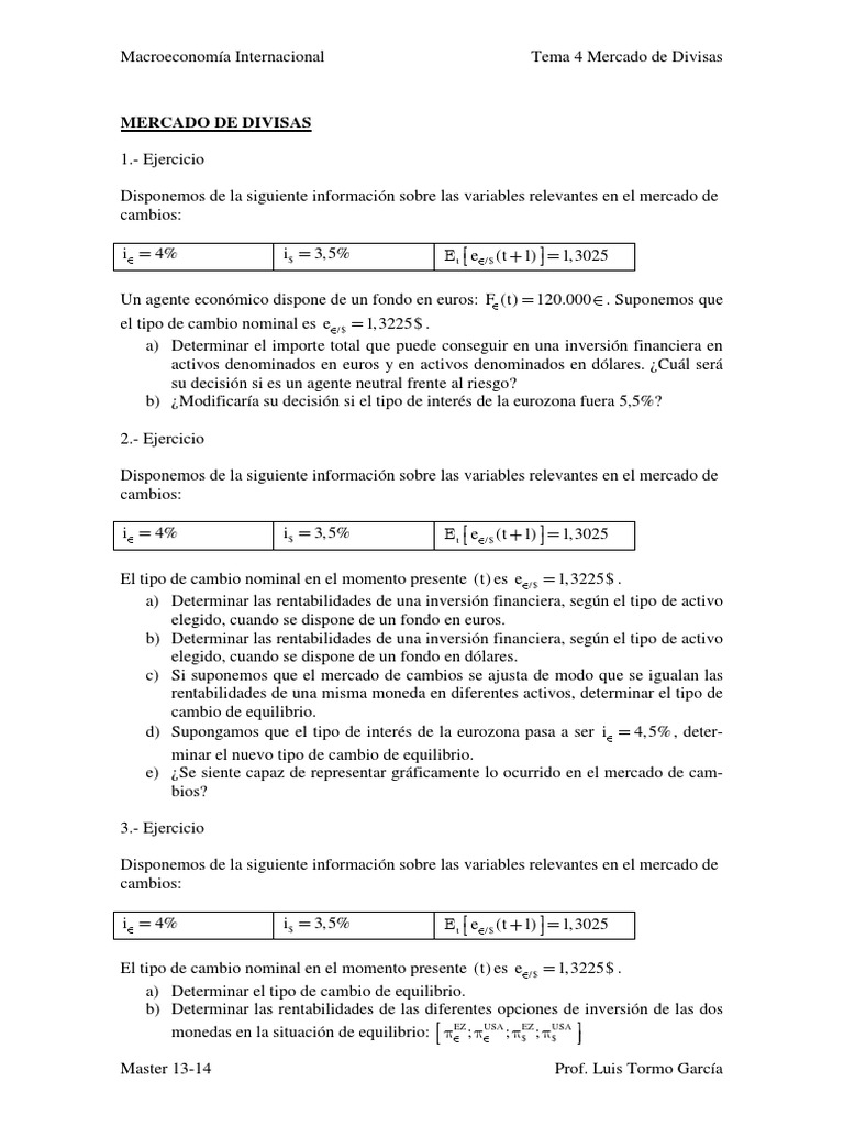 Tema 4 Mercado Divisas (Enunciado Ejercicios) PDF | PDF | Tipo de cambio | Euro