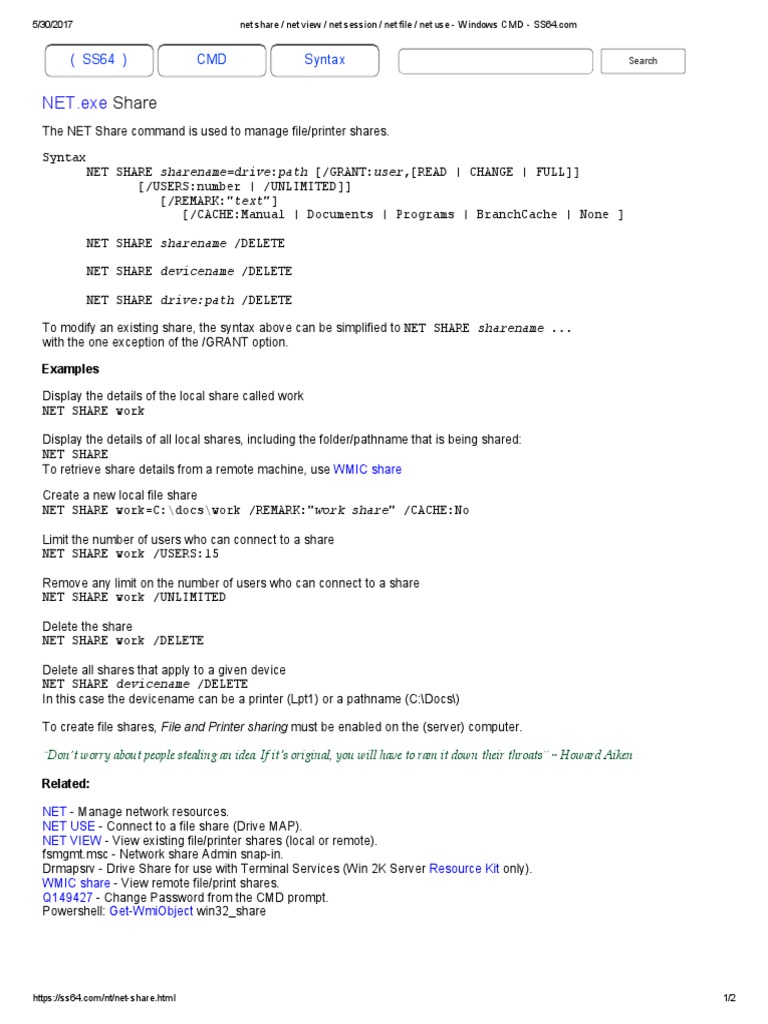Net Share - Net View - Net Session - Net File - Net Use - Windows CMD - SS64 | PDF | Computer ...