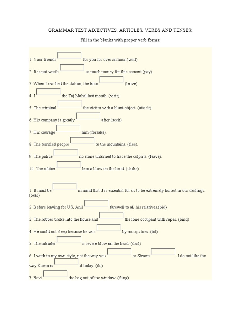 Grammar Test Adjectives, Articles, Verbs and Tenses: Fill in The Blanks ...