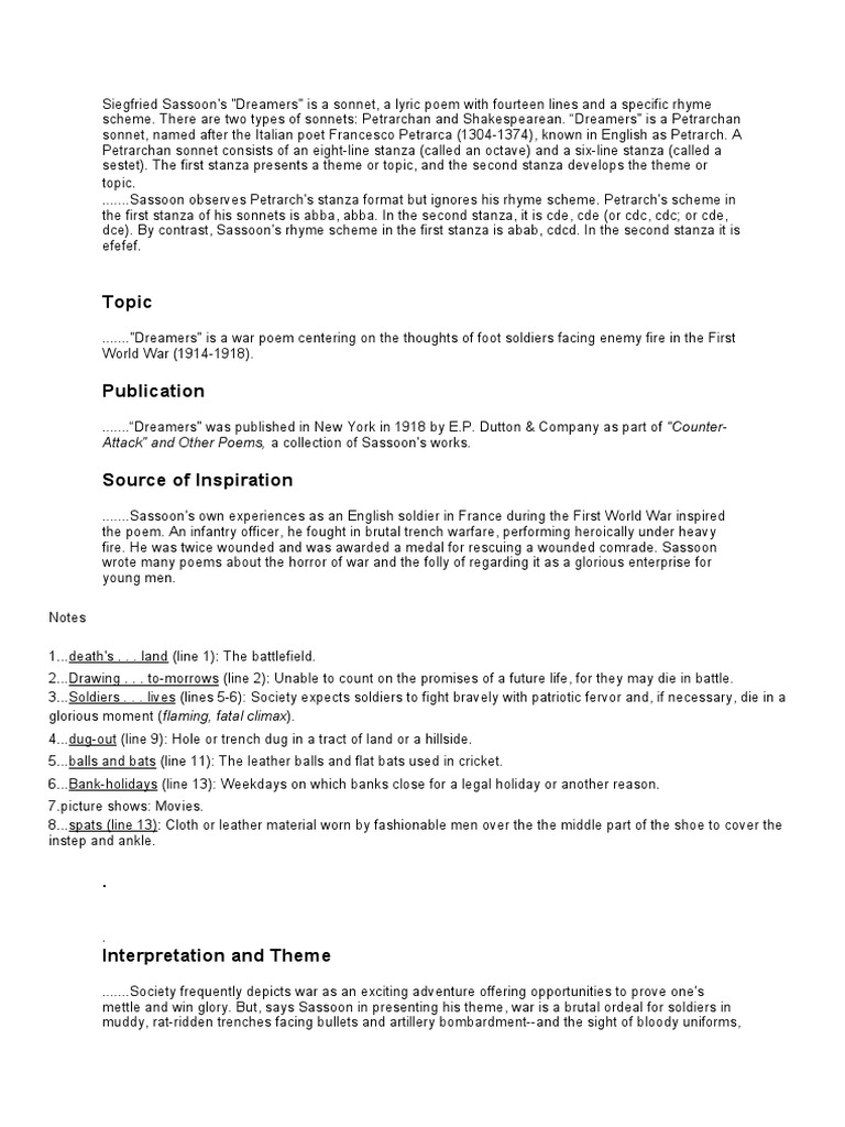 Siegfried Sassoon's Petrarchan Sonnet "Dreamers | PDF | Sonnets ...