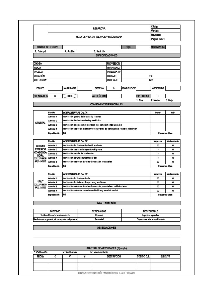 Formato Hoja de Mto Aire Acondicionado01 | PDF | Ingenieria Eléctrica ...