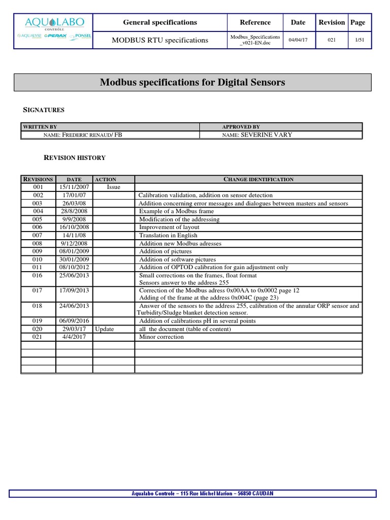 Modbus Specifications For Digital Sensors | PDF | Specification ...