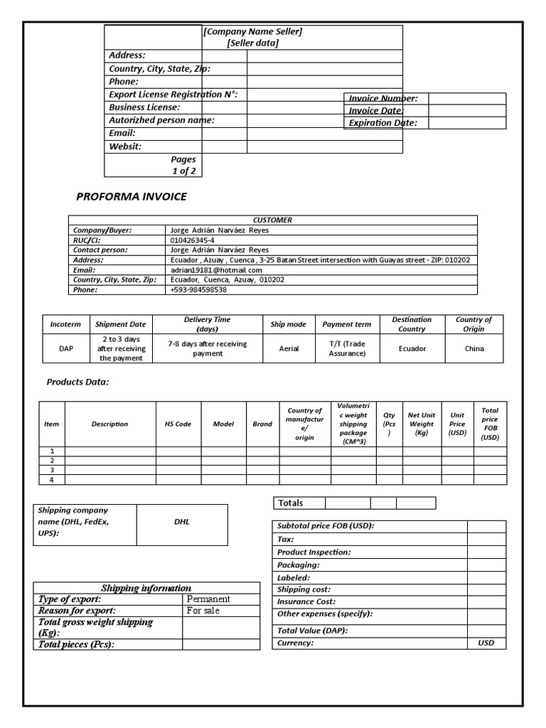 Proforma Invoice: Customer Company/Buyer: Ruc/Ci: Contact Person ...