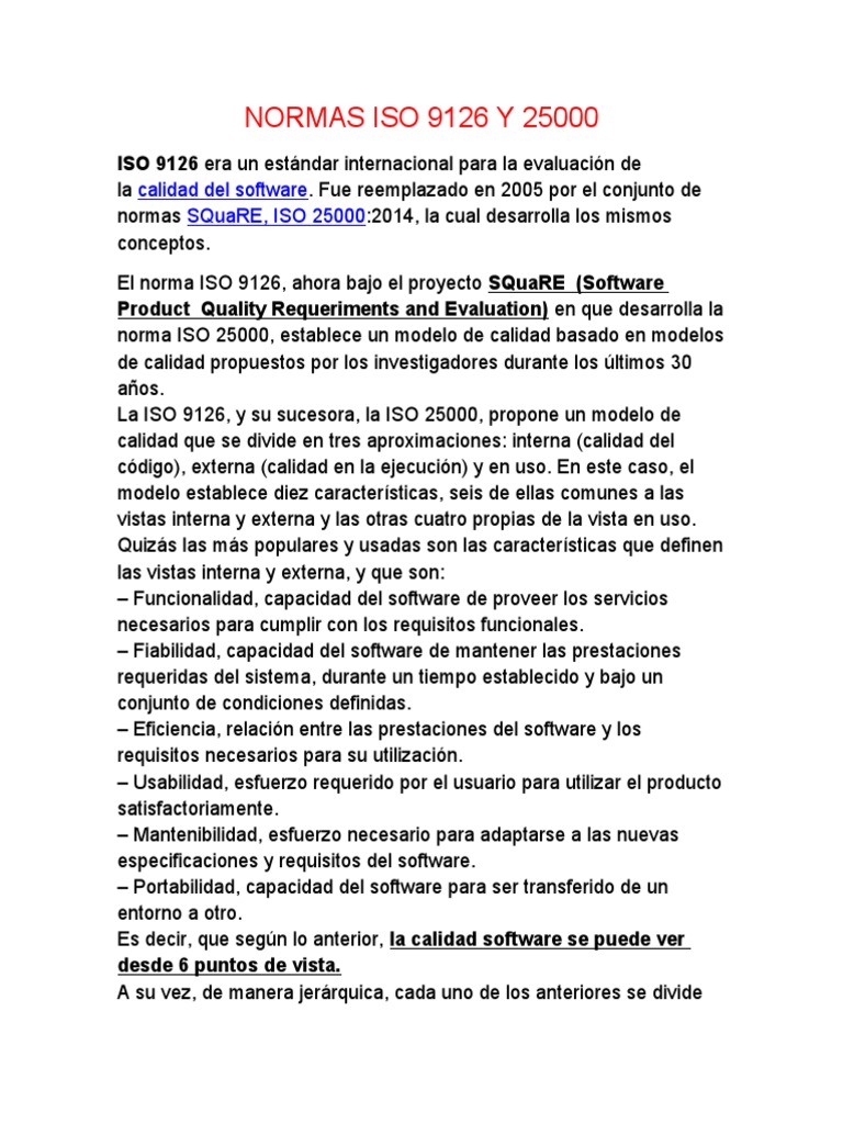 Normas Iso 9126 y 25000 | PDF | Organización internacional para la ...