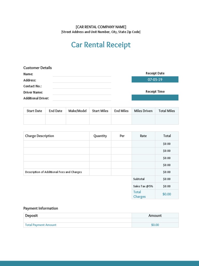 Car Rental Receipt Template | PDF | Receipt | Taxation