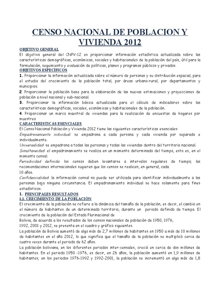 Censo Bolivia 2012: Crecimiento y Densidad | PDF | Población mundial ...