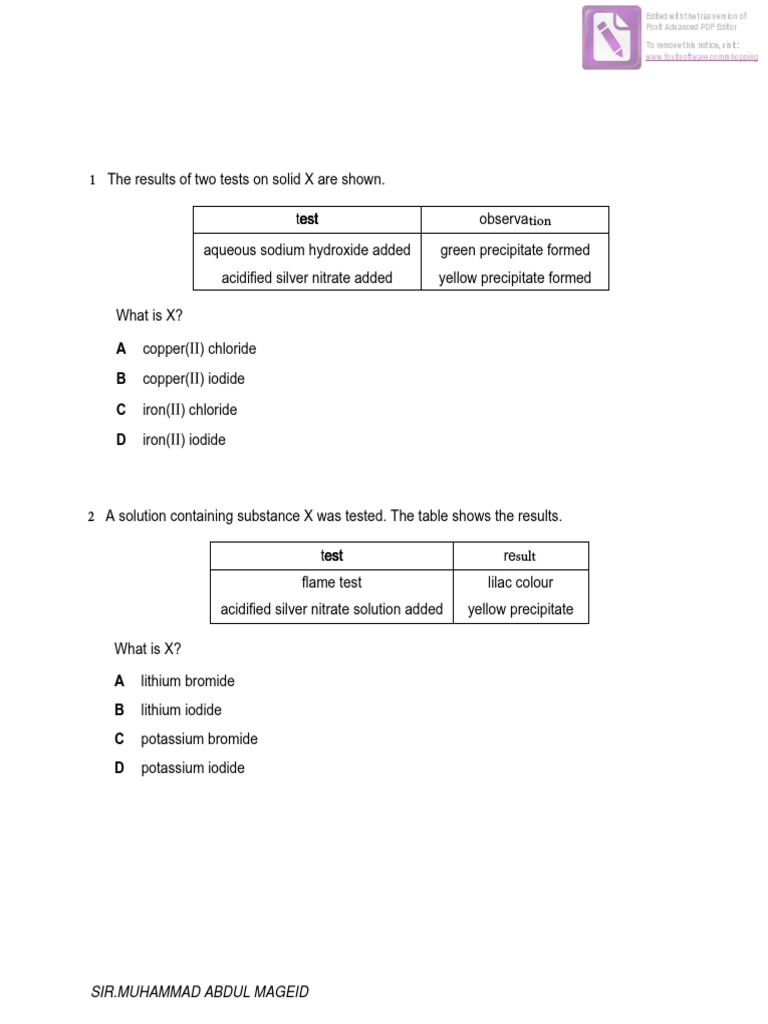 Identification of Ions & Gases (Multiple Choice) QP | PDF