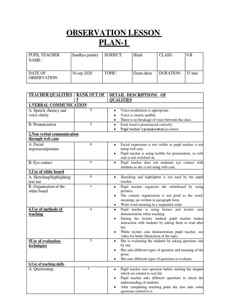 Observation Lesson PLAN-1: Teacher Qualities Rank Out of 5 Detail ...