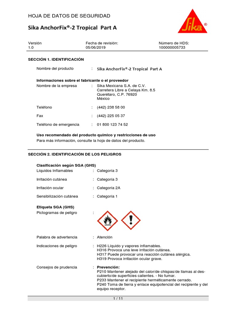 MSDS Sika AnchorFix-2 Tropical Part A | PDF | Alergia | Agua